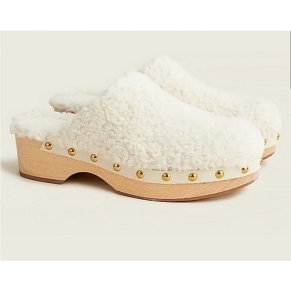 J. Crew | Shoes | J Crew Sherpa Leather Wooden Studded Clogs Mules 7 ...